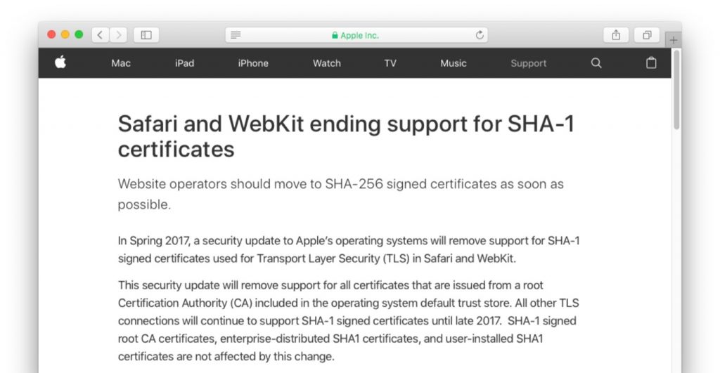 Apple、2017年春のセキュリティアップデートをもってSafariおよびWebKitでSHA-1証明書のサポートを終了すると発表。 | AAPL Ch.