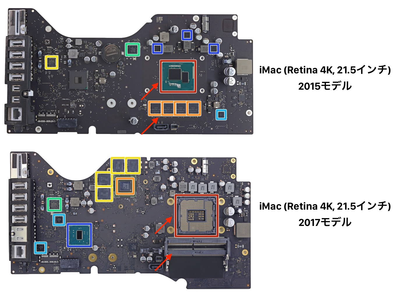 iFixit、iMac (Retina 4K, 21.5インチ, 2017)の分解レポートを公開。CPU/メモリとも換装可能で、マイクは画面下へ移動。 | AAPL Ch.