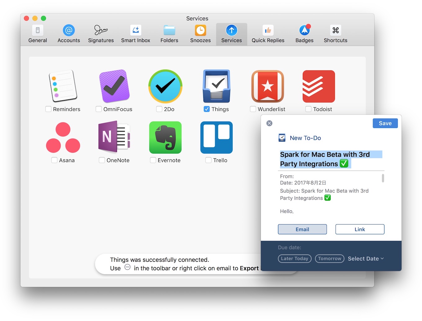 Spark for Macが次期アップデートでThingsやTodoist, OneNote, Evernoteなどへのメール書き出し機能を ...