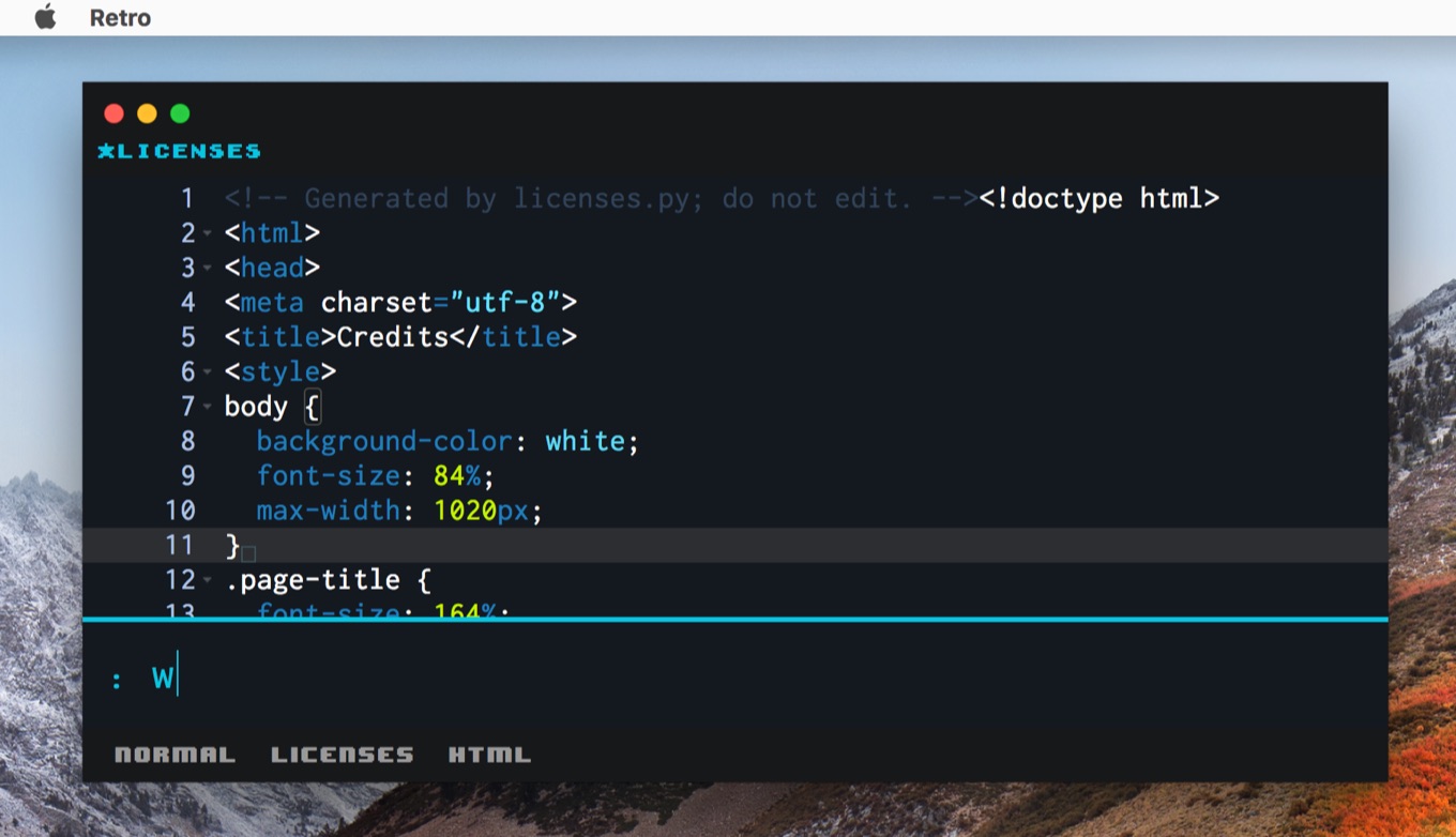 最小限の機能を備えたVimベースのMac用エディタ「Retro」のBeta版がリリース。 | AAPL Ch.