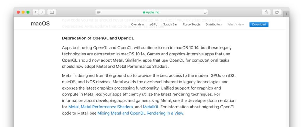 Apple、macOS 10.14 Mojave/iOS 12で「OpenGL/ES」および「OpenCL」を非推奨にし、Metalへの移行を促す。 | AAPL Ch.
