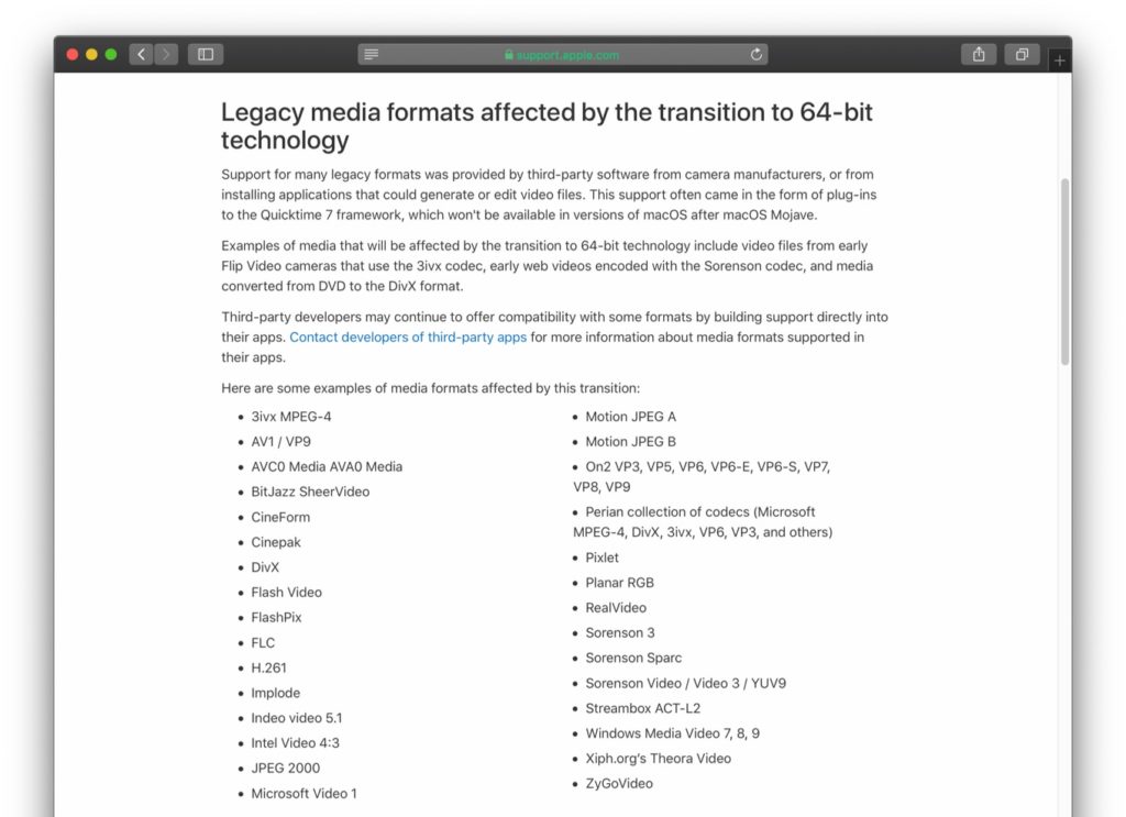 Apple、64-bit環境への移行に伴いmacOS Mojave後のmacOSでネイティブサポートされなくなるレガシィメディアのファイル ...