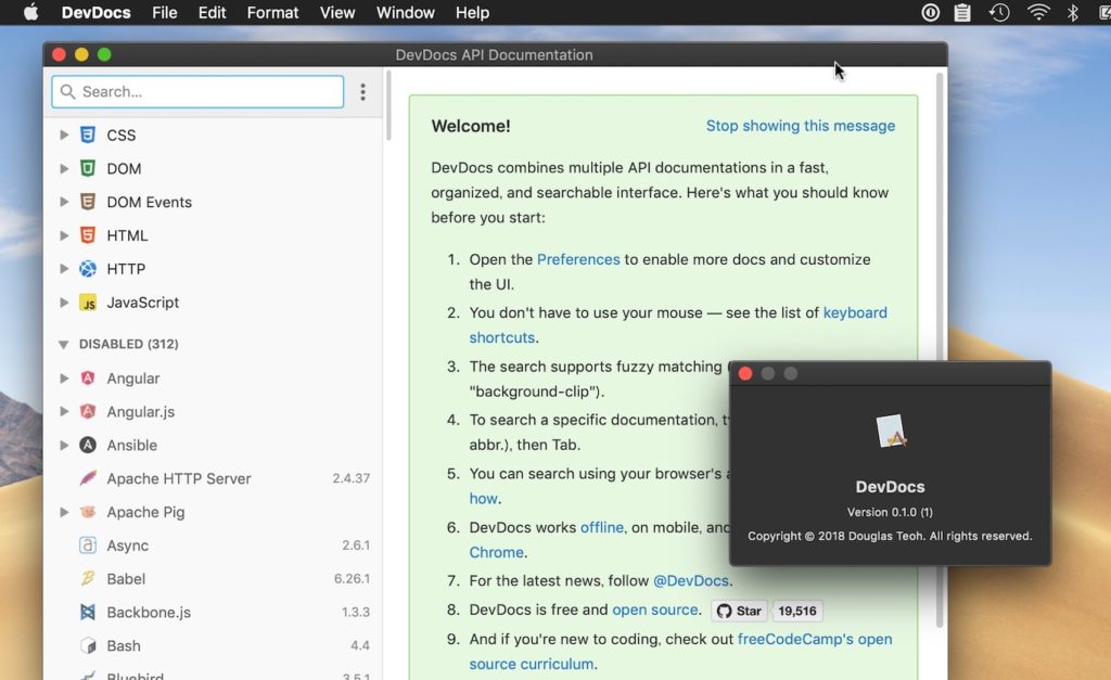 プログラミング言語やライブラリなどのAPIドキュメントをまとめたDevDocsのMac用非公式ブラウザ「DevDocs for macOS」がリリース。 | AAPL Ch.