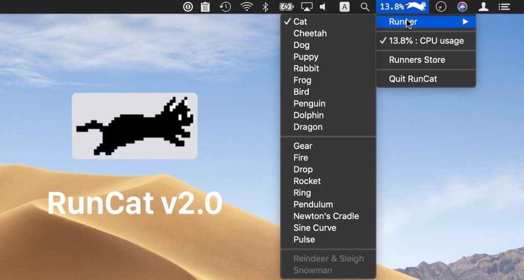 CPU使用率によりメニューバーに常駐する猫の走り方が変わるMac用ユーティリティ「RunCat」がv2.0アップデートでチーターなど10種類のランナーを追加。 | AAPL Ch.