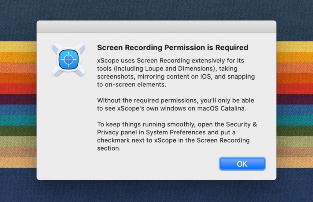 定規やルーペ、ガイドなどをMacのディスプレイ上に表示してくれるデザインツール「xScope 4」がmacOS 10.15 Catalinaでユーザー承認が必要となる画面収録のプライバシー要求 ...