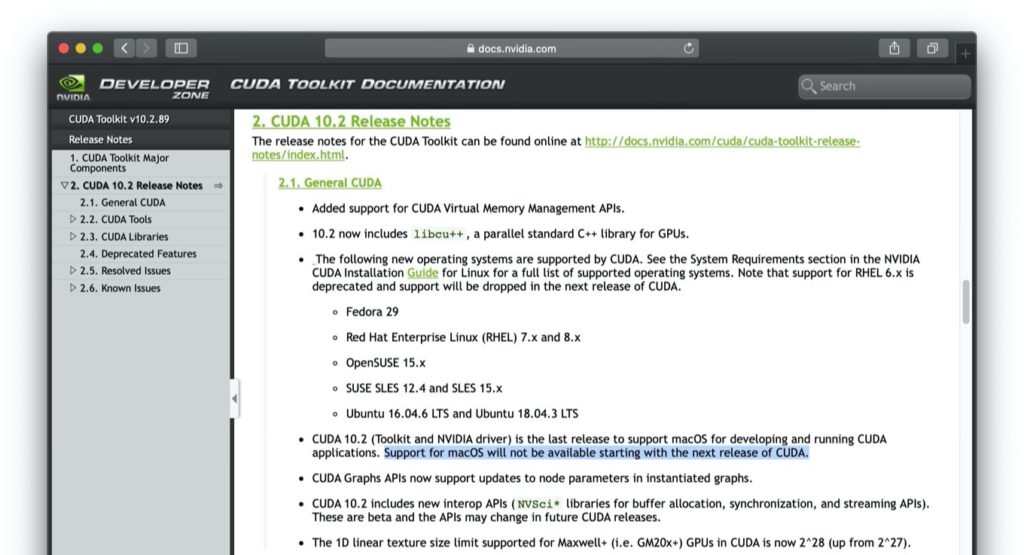 NVIDIA、macOSをサポートした最後のCUDA Toolkiをv10.2リリース。次期アップデートでmacOSは非サポートに ...