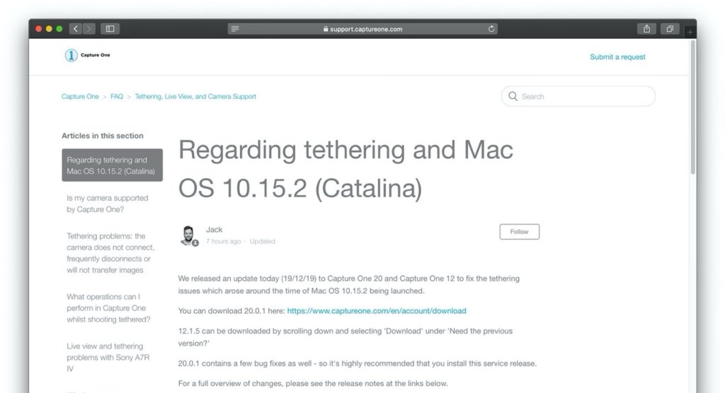 Phase One、macOS 10.15.2 CatalinaへアップデートしたMacでテザー撮影が利用できない不具合を修正した写真編集アプリ「Capture One v20.0.1/12. ...