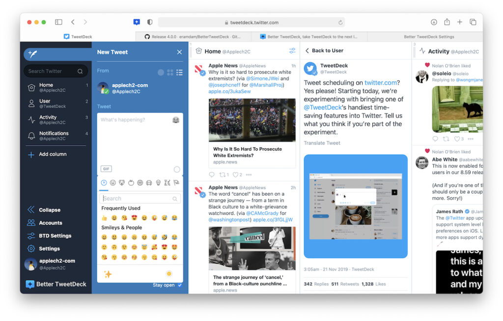 TweetDeckのUIをカスタマイズできるオープンソースのブラウザ拡張「Better TweetDeck」が開発を終了。