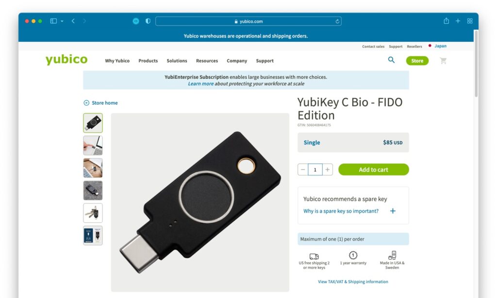 Yubico、FIDO2/WebAuthn, U2Fをサポートし指紋認証機能を内蔵したセキュリティキー「YubiKey Bio」を発売。