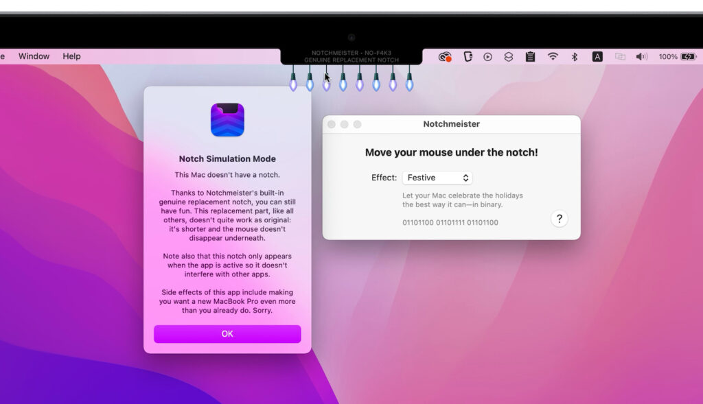 The Iconfactory、MacBook Proのノッチを利用してホリデーシーズンの到来を祝うアプリ「Notchmeister」をリリース。