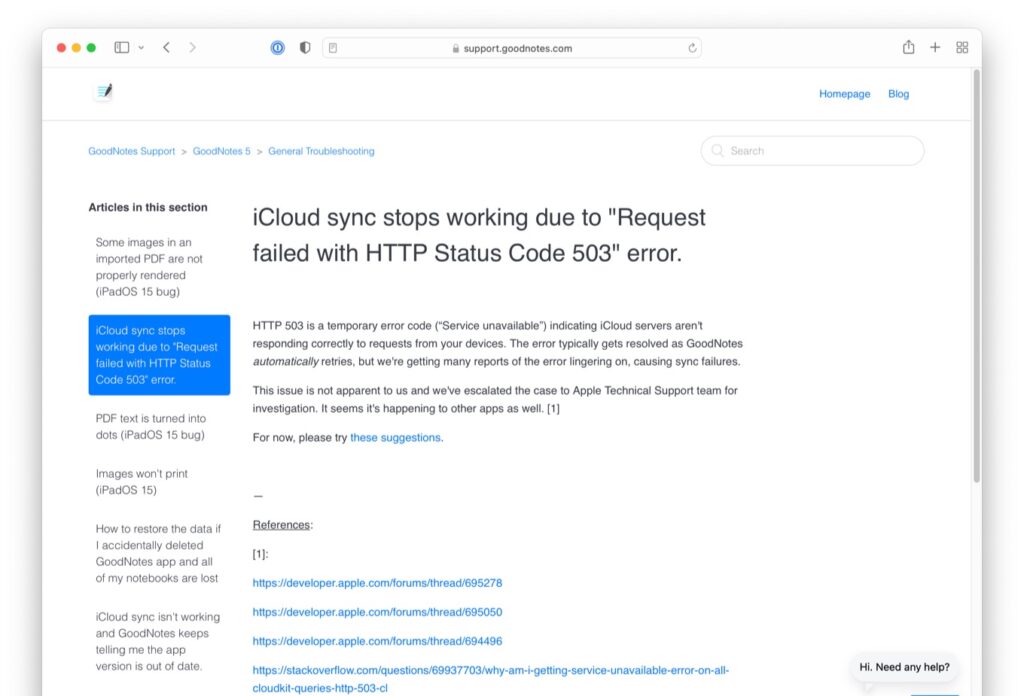 2021年11月頃からiCloud同期をサポートしたアプリで"HTTP code 503"エラーが慢性的に発生しているとして、サードパーティアプリメーカーが対応中。