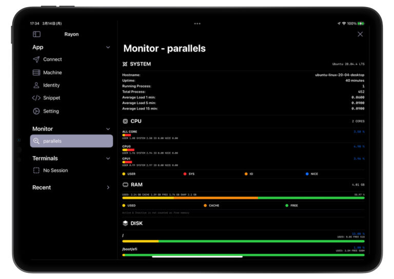 Linuxサーバー用モニターツール「Rayon Remote for Mac」がiPhoneとiPadに対応。