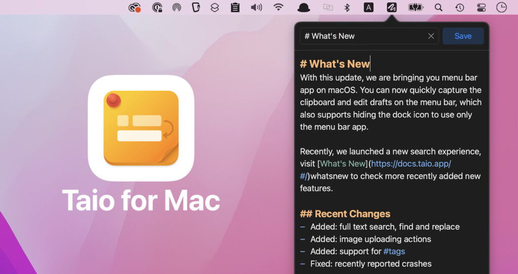 Markdownエディタ「Taio for Mac」にクリップボードの取り込みや下書きを素早く行えるメニューバーアプリが追加。
