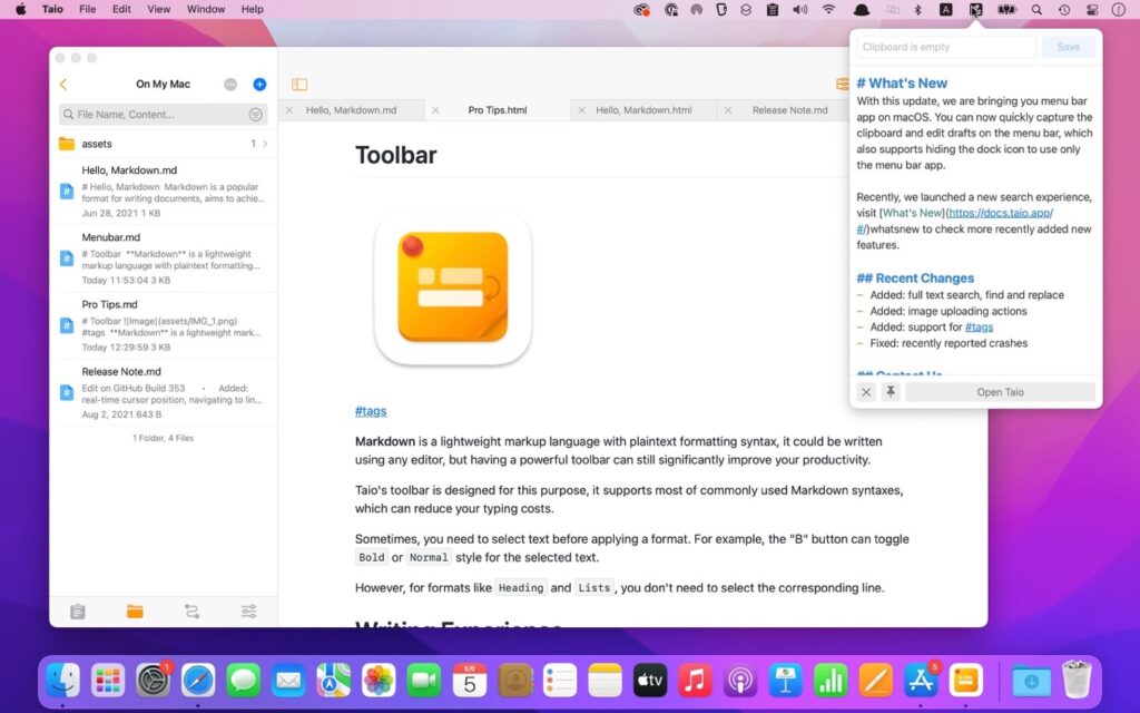 Markdownエディタ「Taio for Mac」にクリップボードの取り込みや下書きを素早く行えるメニューバーアプリが追加。