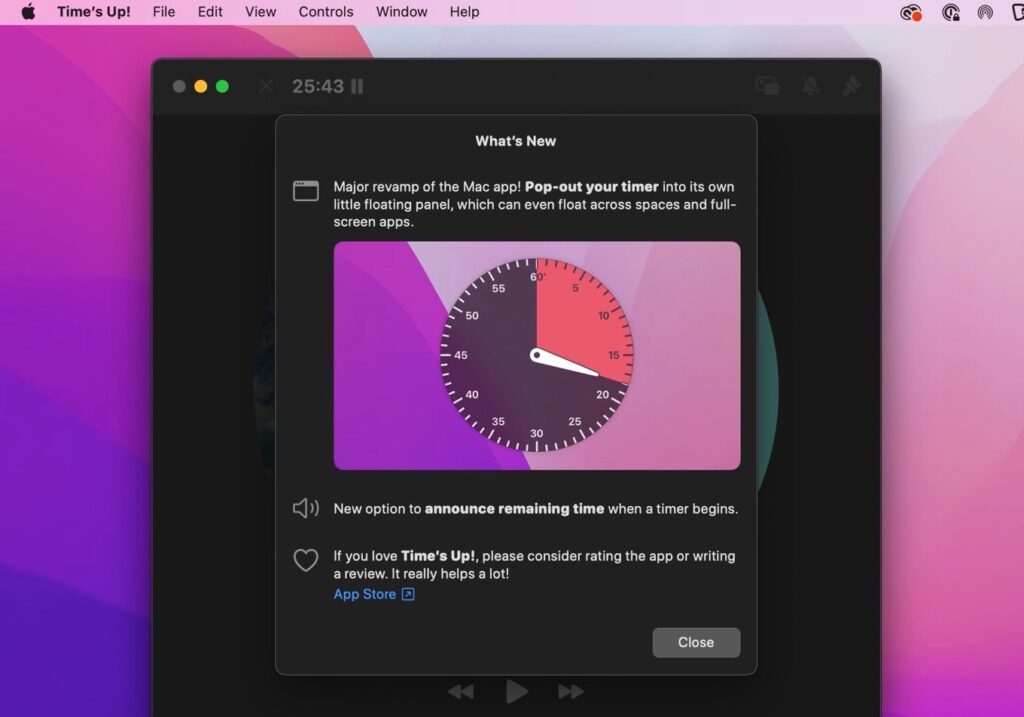 タイマーアプリ「Time’s Up! for Mac」に、他のアプリがフルスクリーン状態でも表示可能なPop-Out Timerモードが追加。