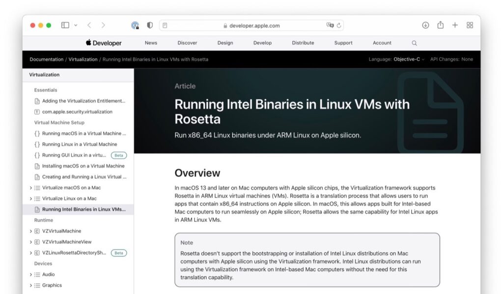 macOS 13 Venturaでは、VirtualizationフレームワークがRosettaをサポートし、Intel LinuxアプリがARM Linux仮想マシンで実行可能に。