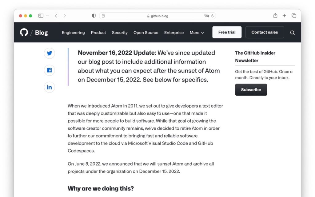 GitHub、2022年12月15日のアーカイブ化を前に最後のアップデートとなる「Atom v1.63.0」をリリース。