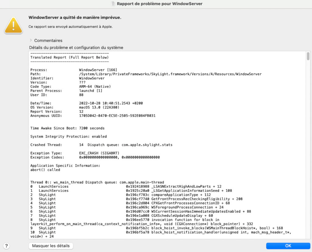 macOS 13 Venturaで何らかの原因によりWindowServerがクラッシュし、ログイン画面に戻される不具合。
