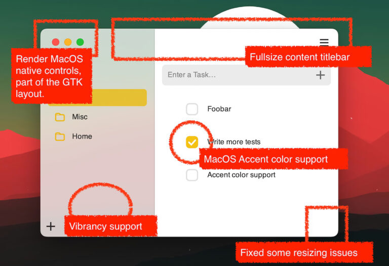 タイトルバーやコントロールボタンなどを再現し、GTKでよりmacOSネイティブに近いアプリを開発できるようにするDraft PRが公開。
