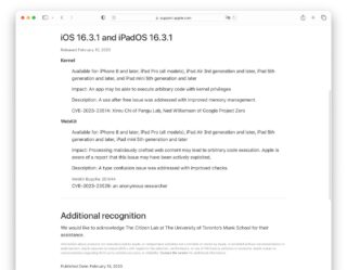 Apple、WebKitのゼロデイ脆弱性やiCloud設定が応答しない不具合を修正しiPhone 14の衝突事故検出の最適化を行った「iOS/iPadOS 16.3.1 (20D67)」をリリース。