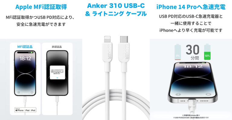 Anker Japan、MFi認証を取得しiPhoneの急速充電も可能な「Anker 310 USB-C & ライトニング ケーブル」を発売。