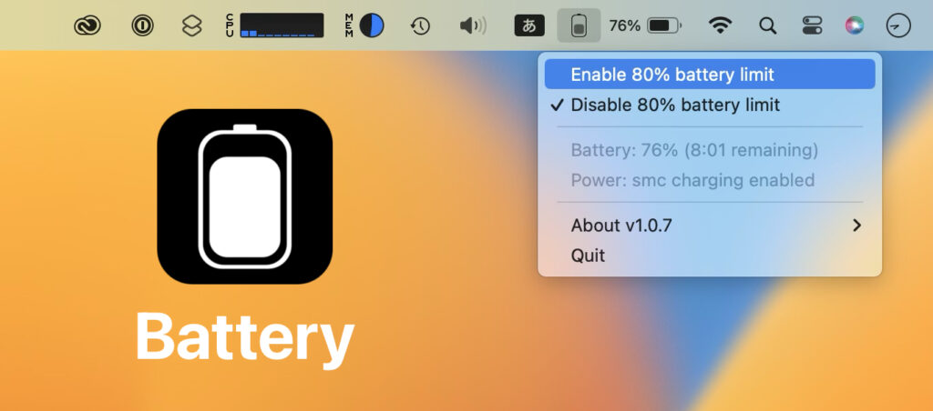 Apple Siliconチップを搭載したMacBookのバッテリー充電を充電率や温度で制御してくれるバッテリー管理アプリ「BatFi」がリリース。