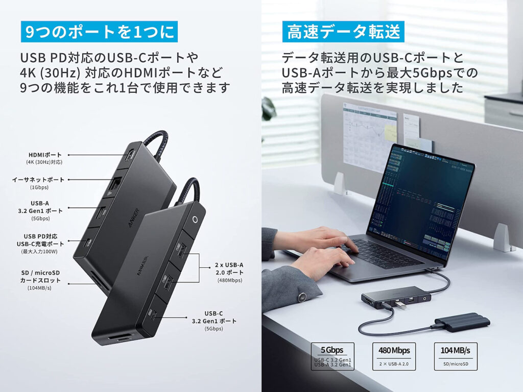 Anker Japan、USB-A/-CやHDMI、Ethernet、SDカードスロットなどを備えた9-in-1のUSB-Cハブ「Anker 552 USB-C ハブ」を発売。