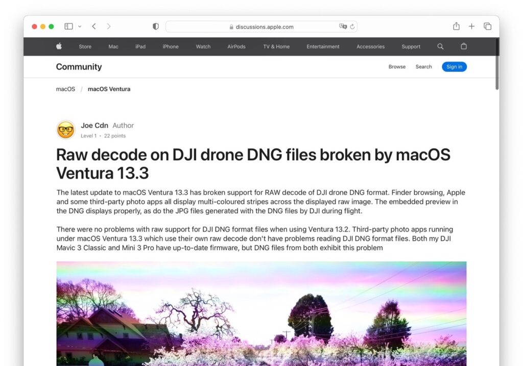 macOS 13.4 VenturaではDJIドローンのDNGファイルをプレビューすると虹色の縞模様が出る不具合が修正されるもよう。