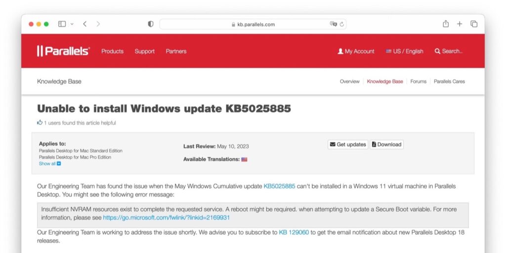 Parallels Desktop 18 for MacのWindows 11仮想マシンにアップデートKB5025885がインストールできない問題があるとしてParallelsが対応中。