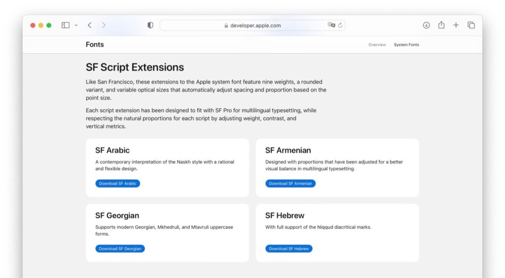 Apple、最新のSan FranciscoフォントとSF Armenian, Georgian, Hebrewフォントを公開。
