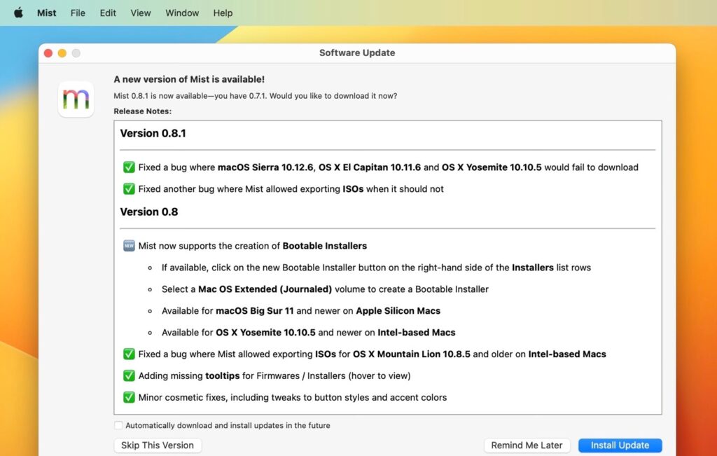 Appleが過去に公開したmacOSのインストーラーをダウンロードできる「Mist」が、起動可能なUSBインストーラーの作成に対応。