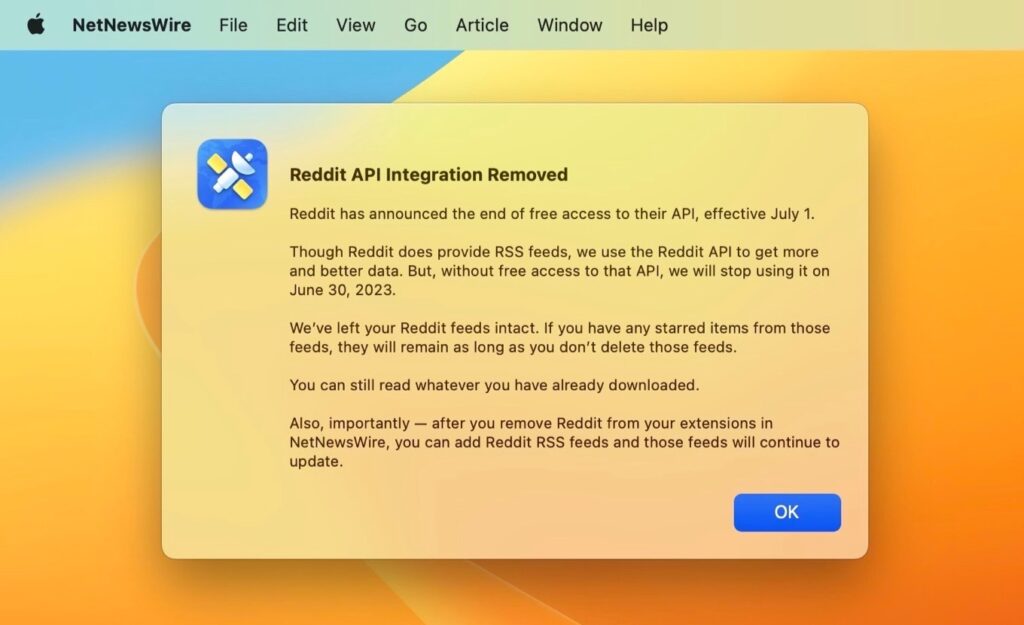 オープンソースのmacOS/iOS対応RSSリーダー「NetNewsWire」がAPIの有料化に伴いTwitterに続きReddit APIを利用した統合機能を廃止。