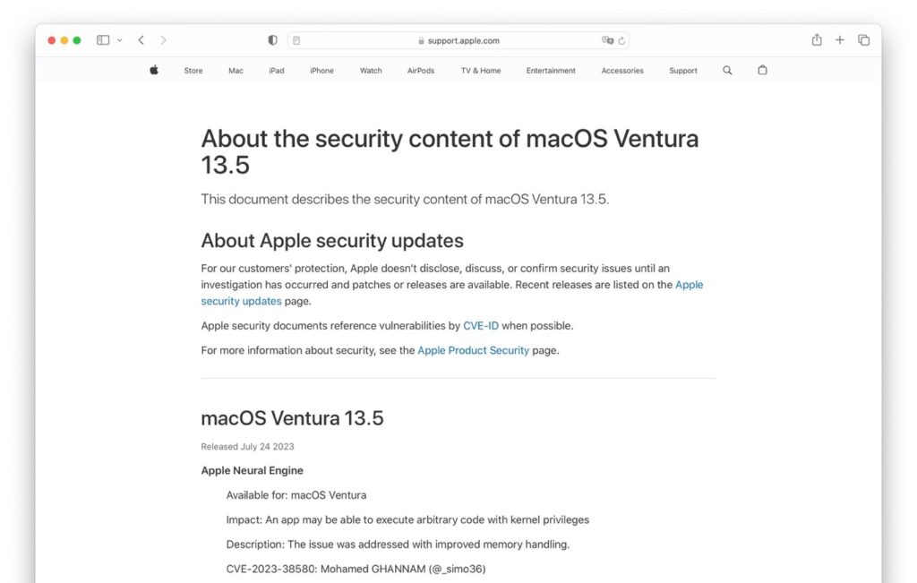 Apple、緊急セキュリティ対応で修正したWebKitの脆弱性など40件以上の脆弱性を修正した「macOS 13.5 Ventura ...