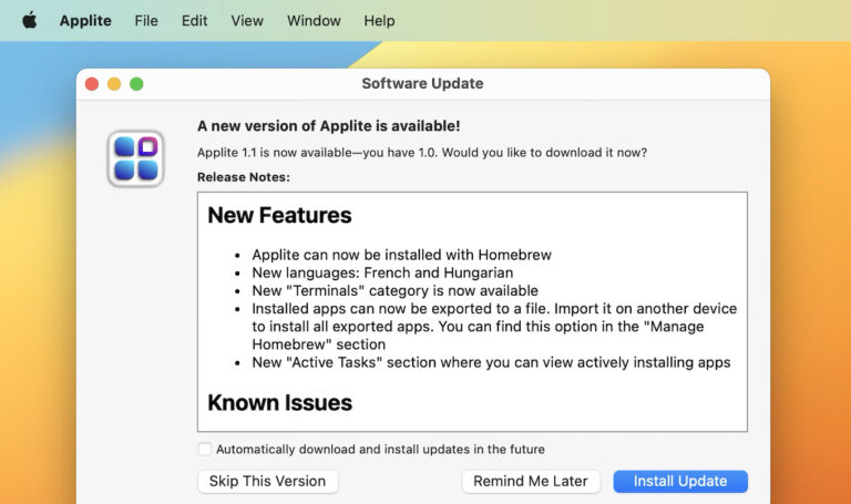 Homebrew CaskアプリをGUIで管理できる「Applite」がbrewでのインストールや、インストールしたアプリのリストのエクスポートとインポートに対応。
