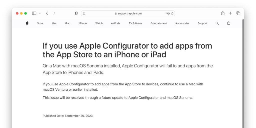 Apple、macOS 14 SonomaがインストールされたMacで、管理しているiPhoneやiPadにApple Configuratorからアプリがインストールできない不具合を確認 ...