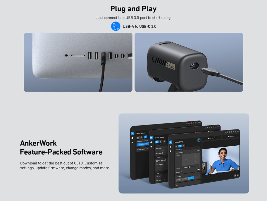 米Anker、最大4K/30fpsや1080p/60fps解像度での撮影やAIによるオートフォーカス機能などを搭載したWebカメラ ...