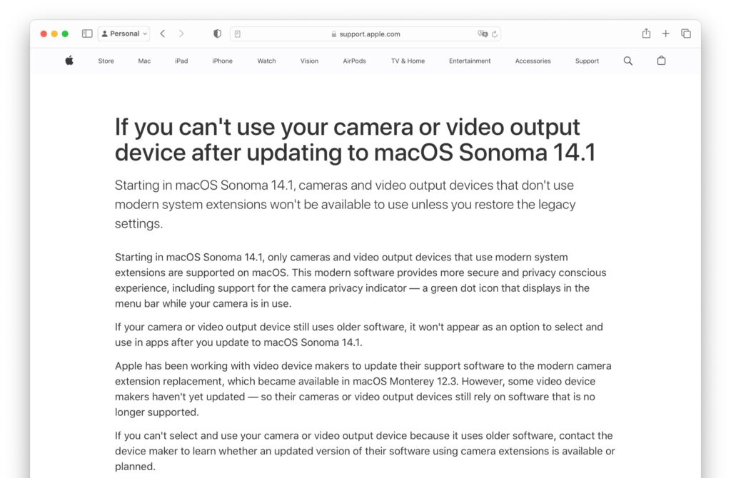 Apple、macOS 14.1 Sonoma以降では最新のシステム拡張機能を利用しないカメラやビデオデバイスが利用できなくなるとして、必要なユーザーに対しレガシー設定を復元する方法を公開。