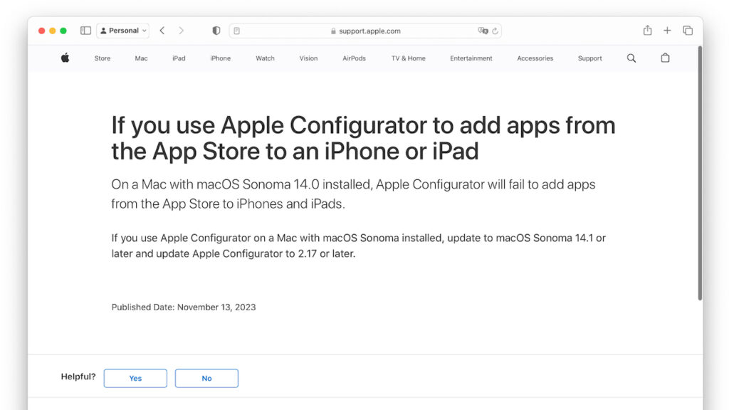 Apple、Apple ConfiguratorからiPhoneやiPadにアプリがインストールできない不具合を「macOS 14.1 ...