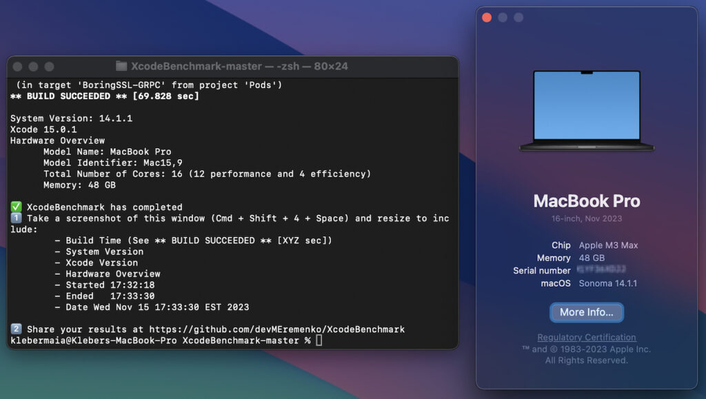 Apple M3チップファミリーを搭載したMacBook Pro (Nov 2023)のXcodeベンチマークスコアまとめ。11コアM3 Proのスコアは10コアM1 Pro程度に。