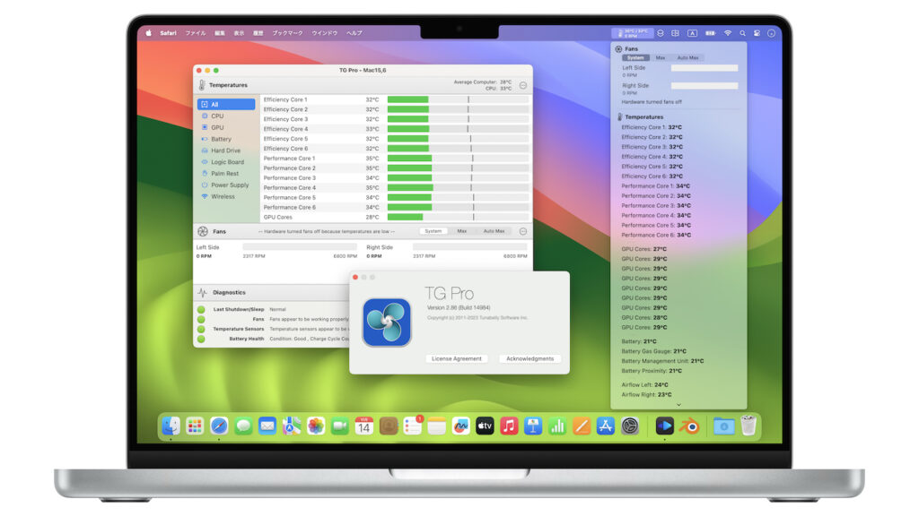Apple M3チップファミリーを搭載したMacBook ProやiMacに初期対応したシステムモニターアプリ「TG Pro v2.86」がリリース。