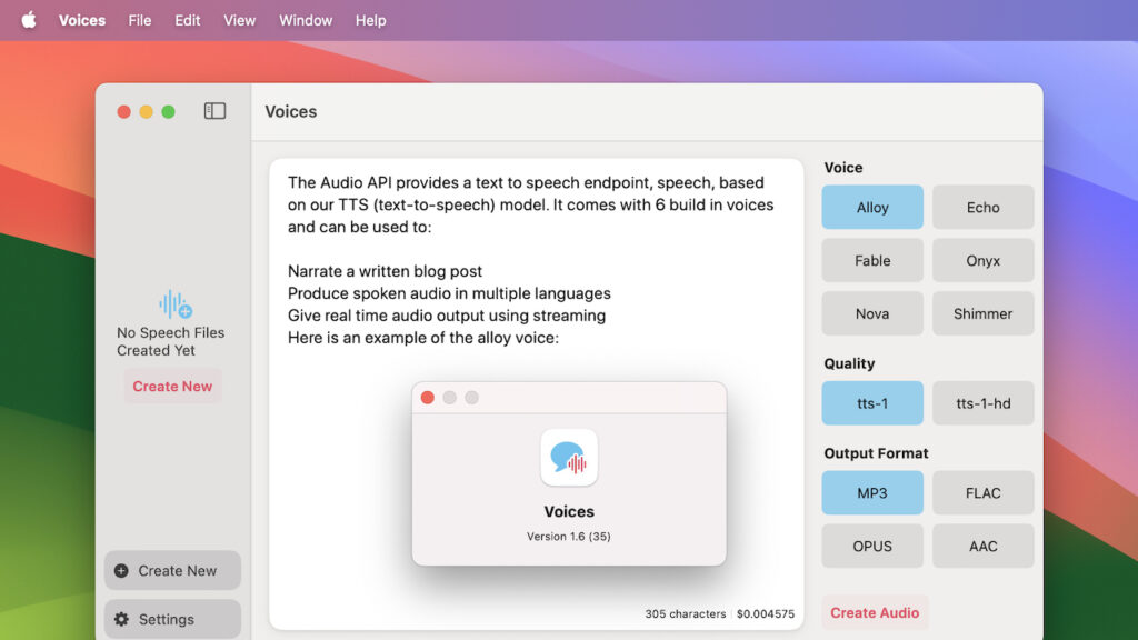 OpenAIのText to Speech APIを利用し、テキストの読み上げ/音声ファイルを作成できるMacアプリ「Voices」がリリース。