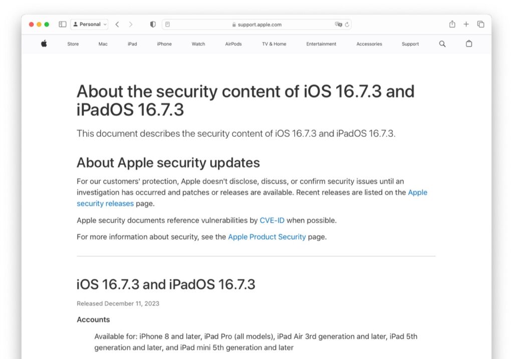 Apple、iPhone 8/Xや初代iPad Pro/iPad (第5世代)などに対し、WebKitのゼロデイ脆弱性などを修正した「iOS/iPadOS 16.7.3」をリリース。
