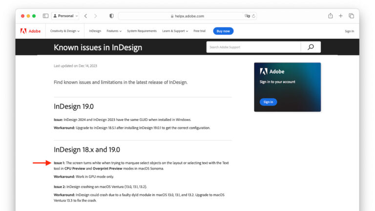 Adobe、macOS 14 SonomaとIllustratorやInDesignなどの互換性情報を公開。Idでは特定の動作で画面が白くなるので注意を。