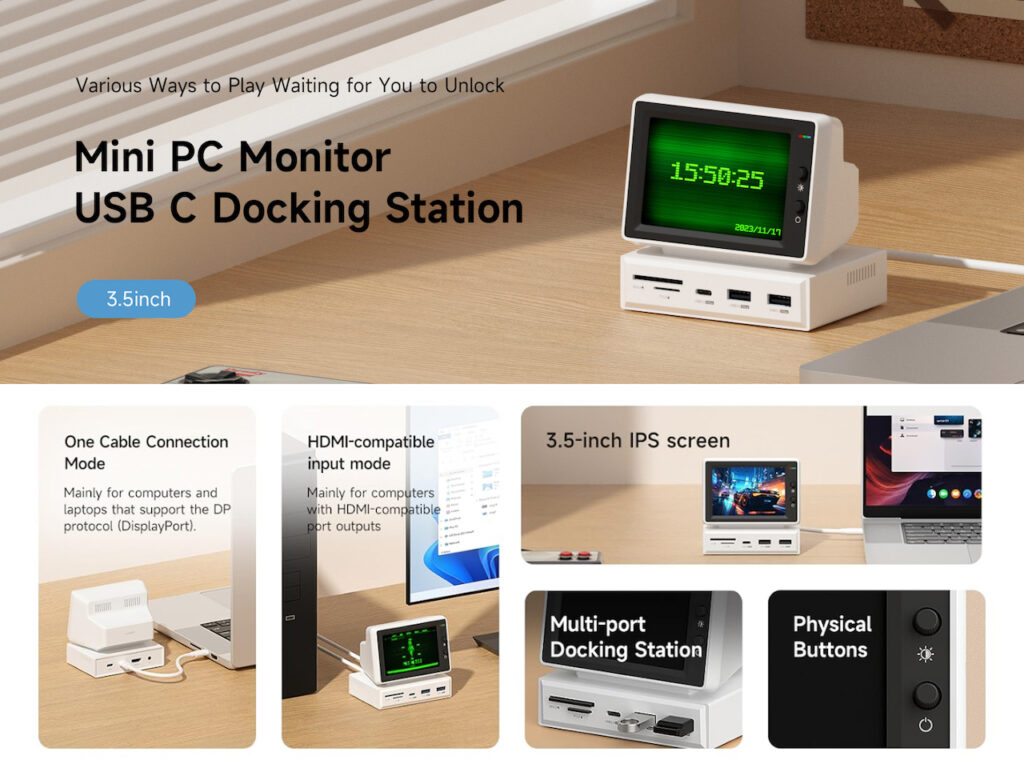 写真や動画、システム情報などを表示するのに便利な3.5インチIPSミニ・スクリーンを搭載したMini PCデザインのUSB-Cハブ ...