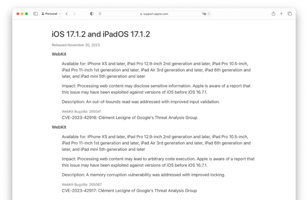 Apple、WebKitに関する2件のゼロデイ脆弱性を修正した「iOS/iPadOS 17.1.2」アップデートをリリース。