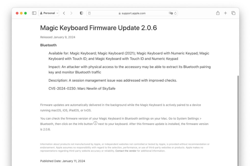 Apple、Magic KeyboardシリーズでBluetoothトラフィックが監視できてしまう可能性のある脆弱性を修正した「Magic Keyboard Firmware Update 2 ...