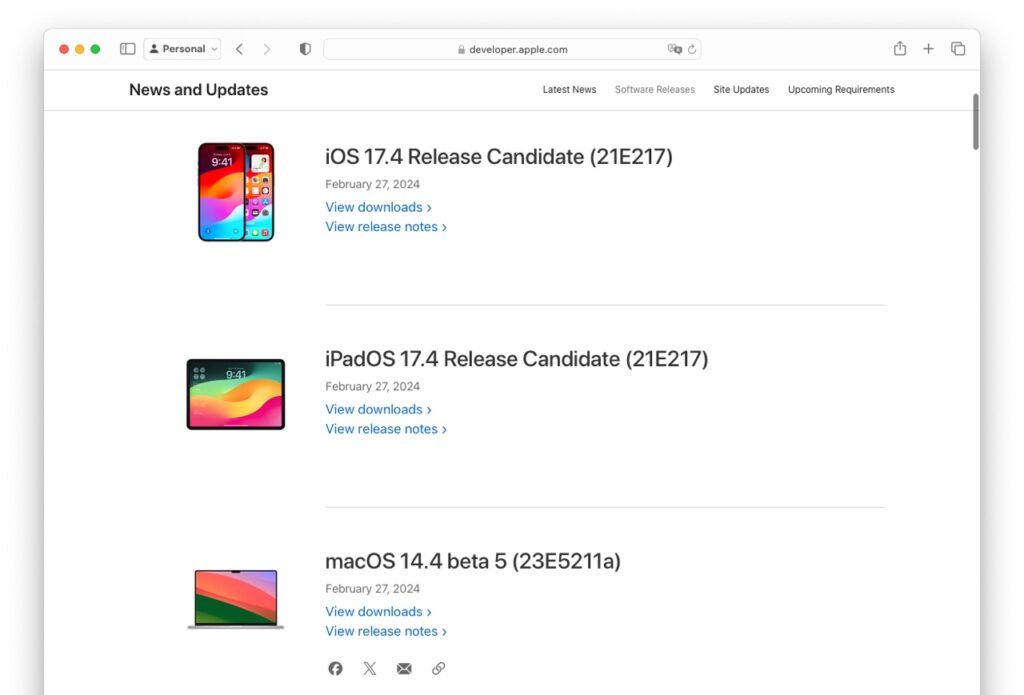 Apple、開発者向けに「macOS 14.4 Sonoma Beta 5」や「iOS/iPadOS 17.4 RC」、「visionOS 1.1 Beta 4」などを公開。「iOS 16.7 ...
