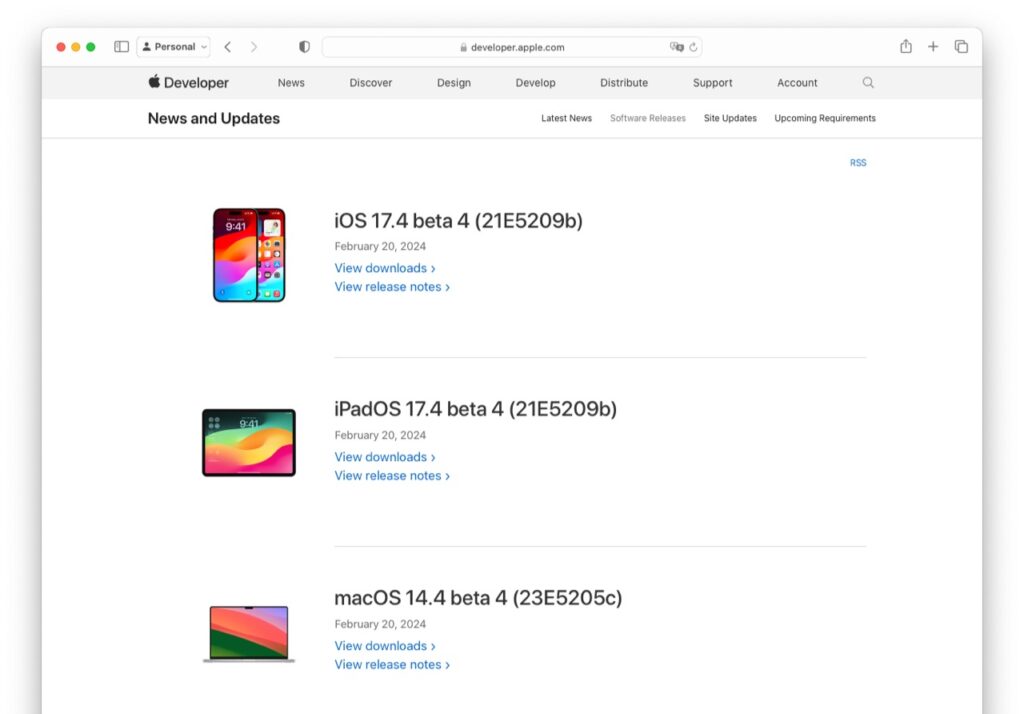 Apple、開発者向けに「macOS 14.4 Sonoma」や「iOS/iPadOS 17.4」などのBeta 4と「visionOS 1.1」のBeta 3を公開。