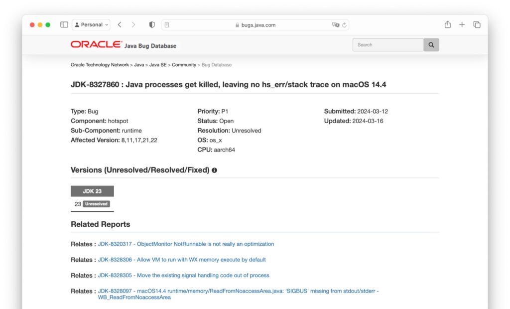Oracle、macOS 14.4 Sonomaアップデート後にApple Silicon MacでJavaプロセスが予期せず終了してしまう不具合がるとしてアップデートを控えるよう通知。