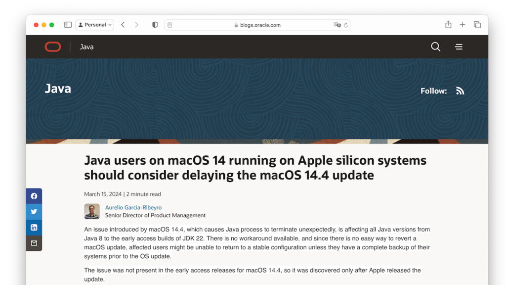 Oracle、macOS 14.4 Sonomaアップデート後にApple Silicon MacでJavaプロセスが予期せず終了してしまう不具合がるとしてアップデートを控えるよう通知。